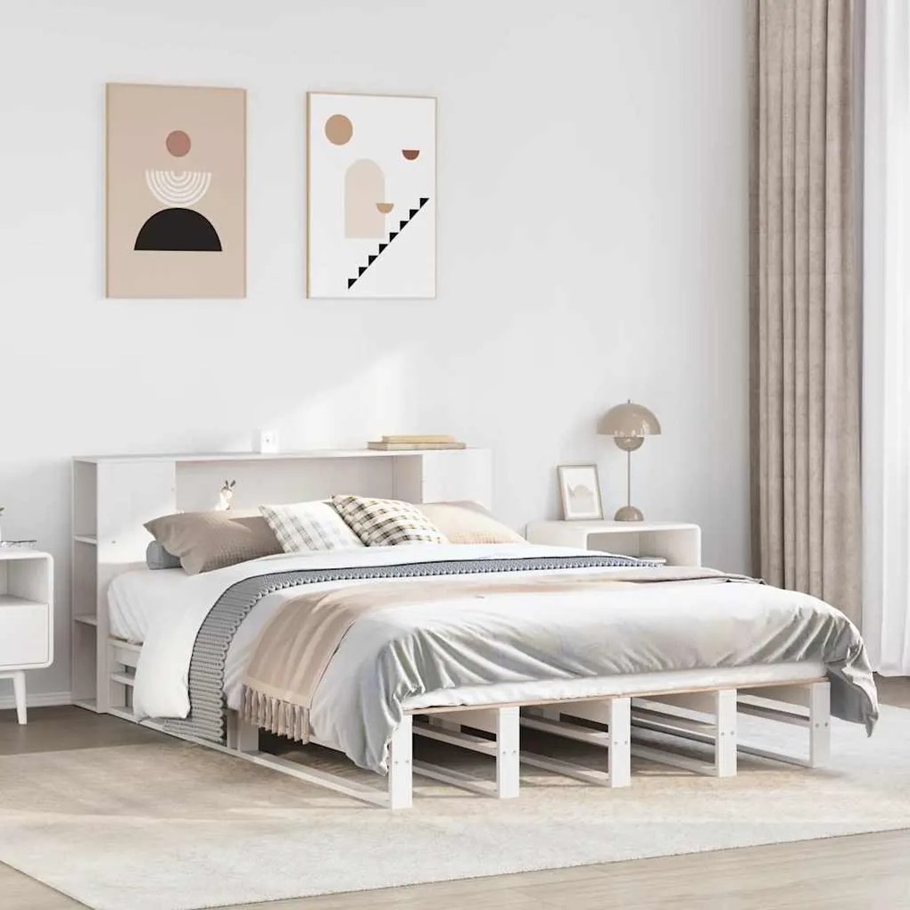 Postel s knihovnou bez matrace bílá 150 x 200 cm masivní dřevo 3323879