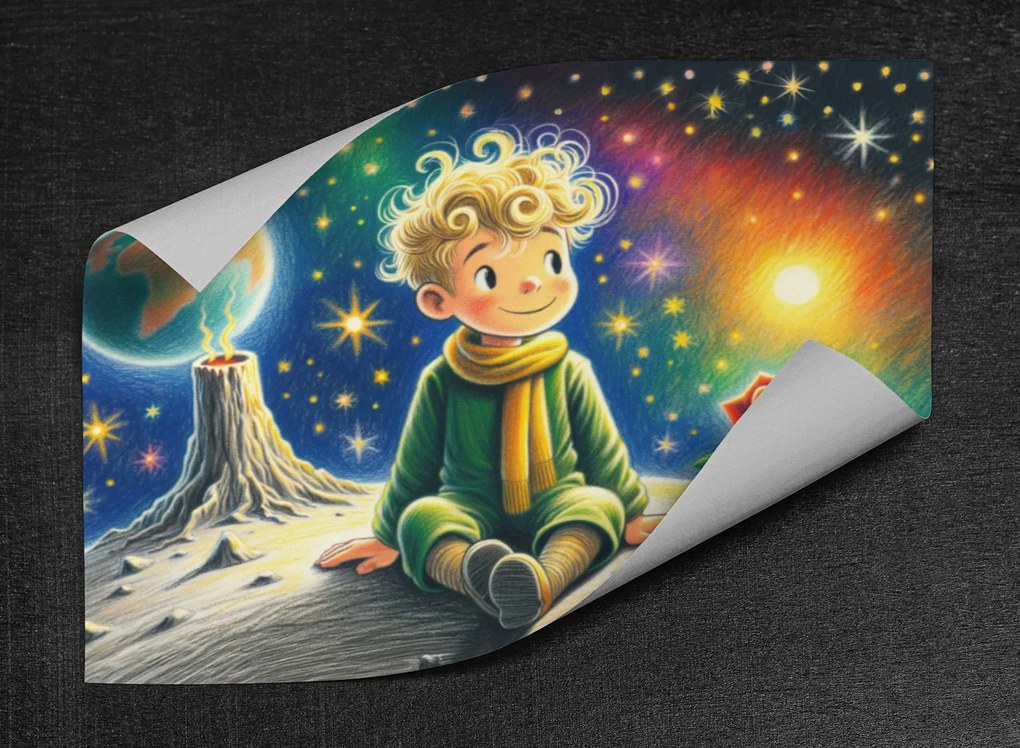 Plakát - Malý princ sedí zamyšlený na své planetce FeelHappy.cz Velikost plakátu: A2 (42 x 59,7 cm)