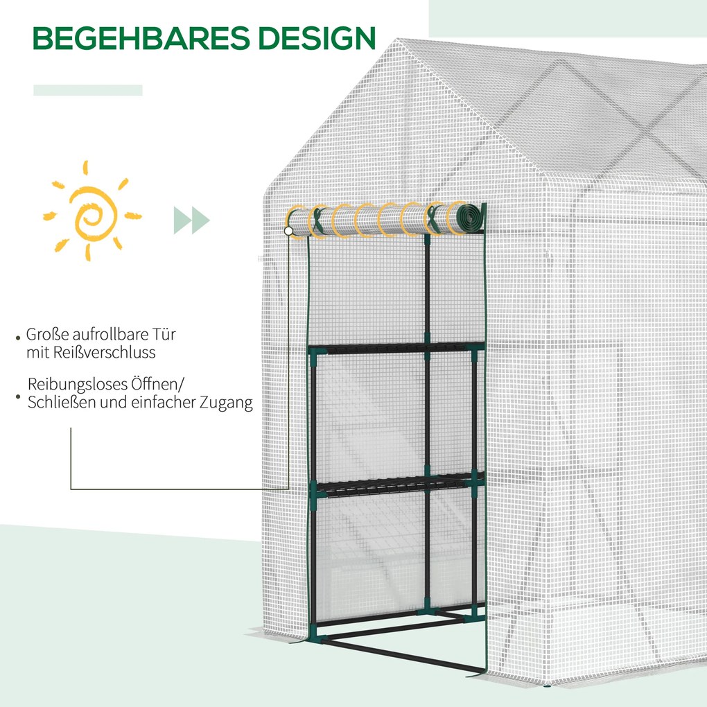 Outsunny Fóliový skleník Walk-in se 4 policemi Skleník na rajčata Skleník se studeným rámem Bílý PE 143x143x195cm pro zahradu a rostliny | Aosom.de
