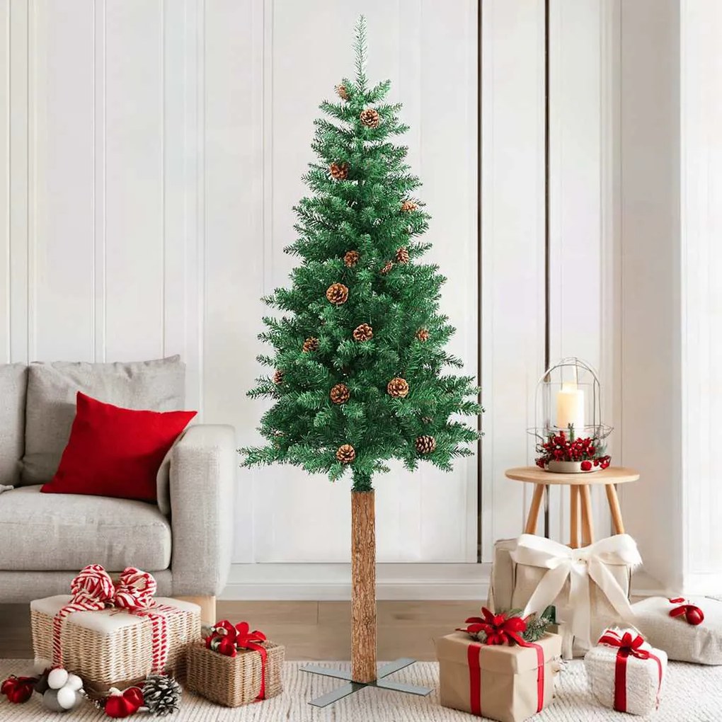 Úzký vánoční stromek pravé dřevo a šišky zelený 180 cm PVC 320958