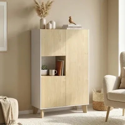HOMCOM Komoda do obývacího pokoje, úložný nábytek se 6 prostory a dvířky s tichým dovíráním, 80x40x135 cm, bílá a přírodní dřevo