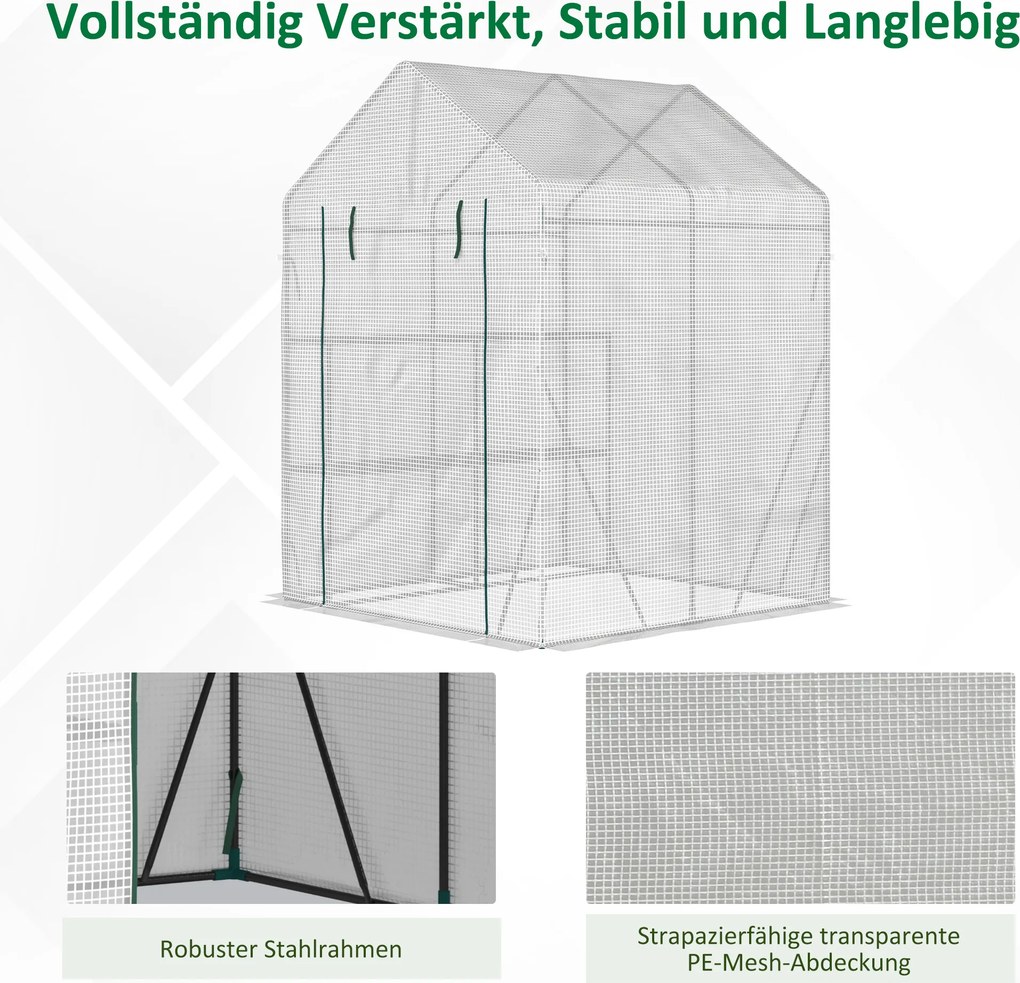 Outsunny Fóliový skleník Walk-in se 4 policemi Skleník na rajčata Skleník se studeným rámem Bílý PE 143x143x195cm pro zahradu a rostliny | Aosom.de