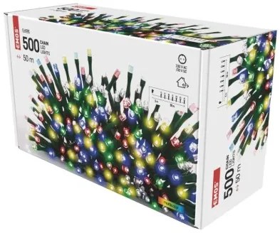 EMOS LED venkovní vánoční řetěz CLASSIC LIGHTS, 500xLED, vícebarevné světlo, 50m, časovač, zelený ZY0816T