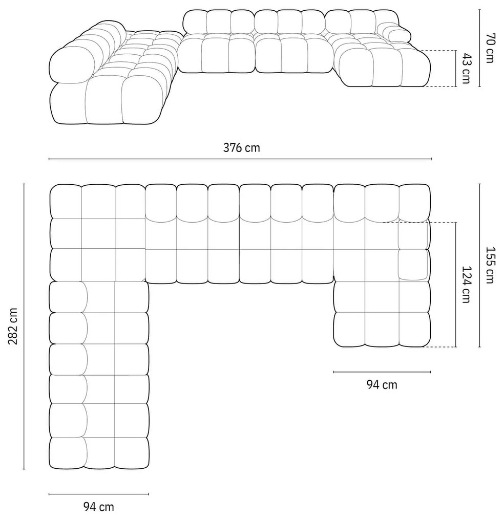 MUZZA Modulární sedmimístná pohovka Bella 379 cm samet šedá levá