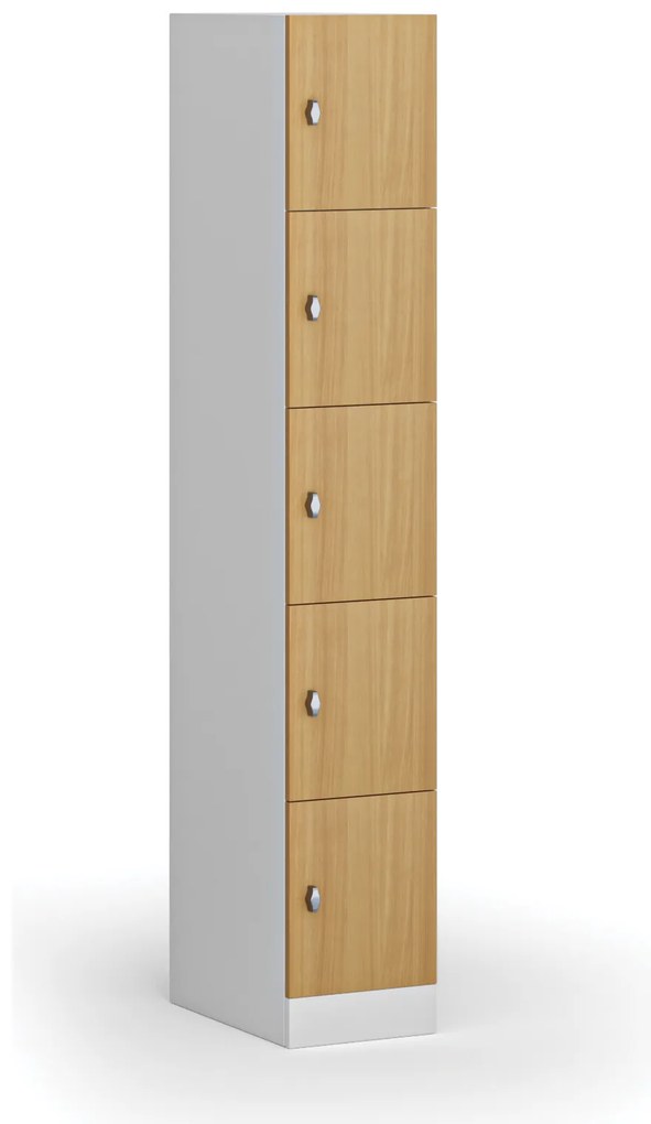 Šatní skříňka S1 s úložnými boxy, 5 boxů, 1850 x 300 x 500 mm, demont, otočný zámek, laminované dveře, buk