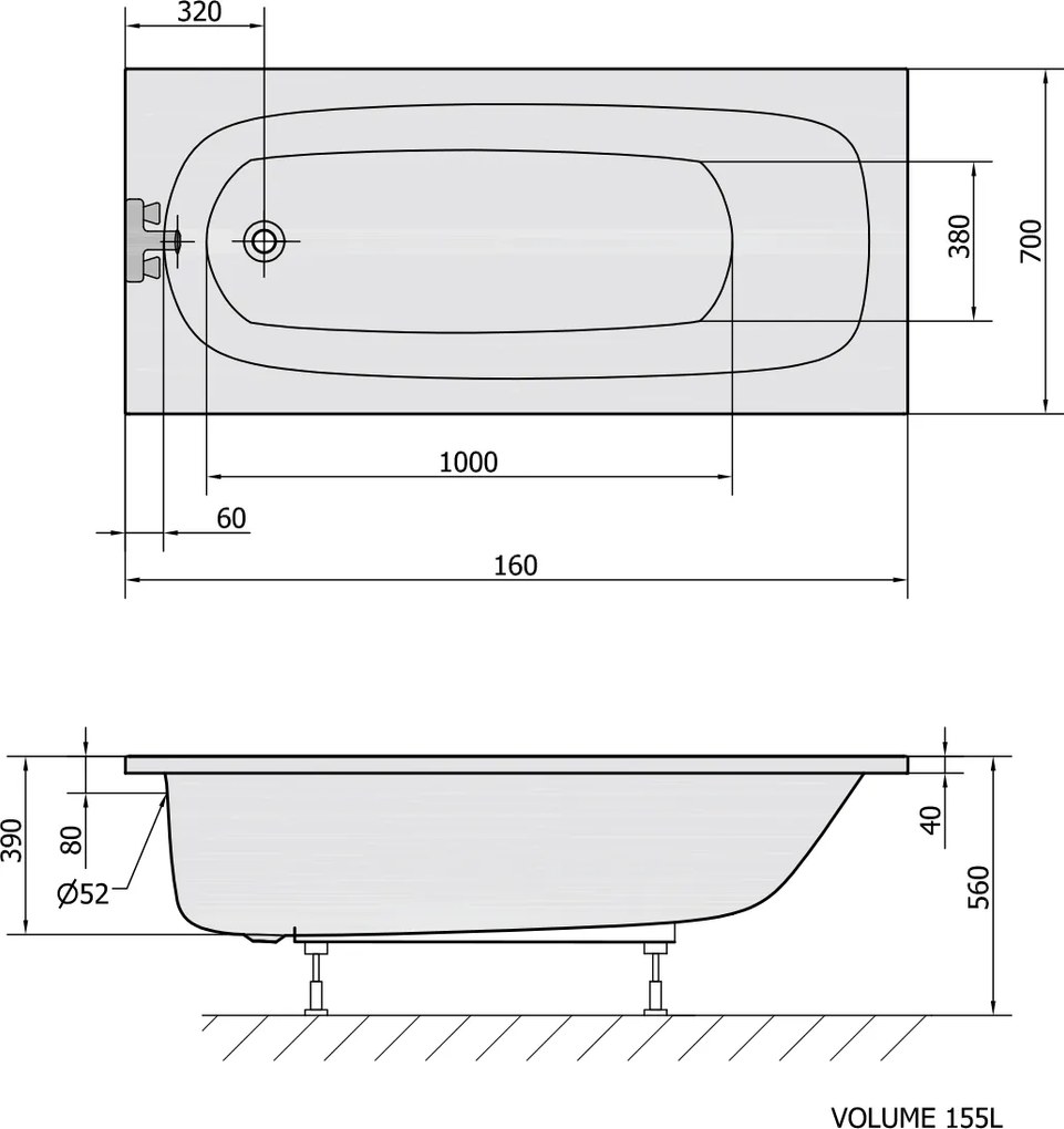 Polysan, LAURA obdélníková vana 160x70x39cm, bílá, 24611