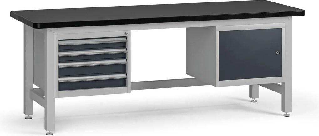 Profesionální dílenský stůl G4, 4 zásuvky, 1 skříňka, deska MDF + PVC, 2100 x 750 x 800 mm, grafit