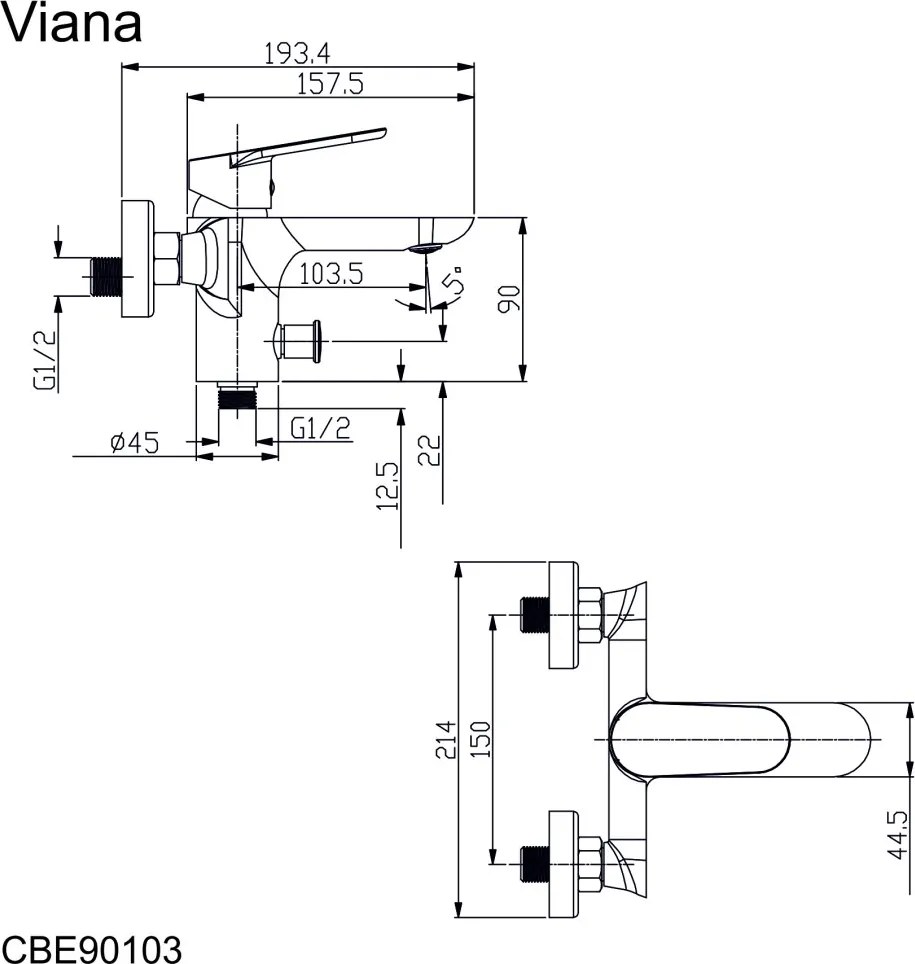 Mereo Mereo, Vanová nástěnná baterie, Viana, bez příslušenství, 150 mm, chrom, CBE90103