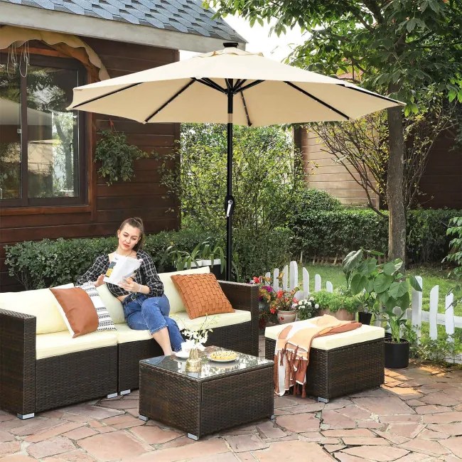 Sonnenschirm mit LED-Solar-Beleuchtung beige