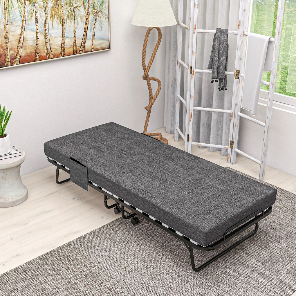 Skládací postel pro hosty HOMCOM s kolečky, 190x80 cm, 10 cm matrace, potah a boční taška, tmavě šedá, ideální do ložnice a na cesty | Aosom.de