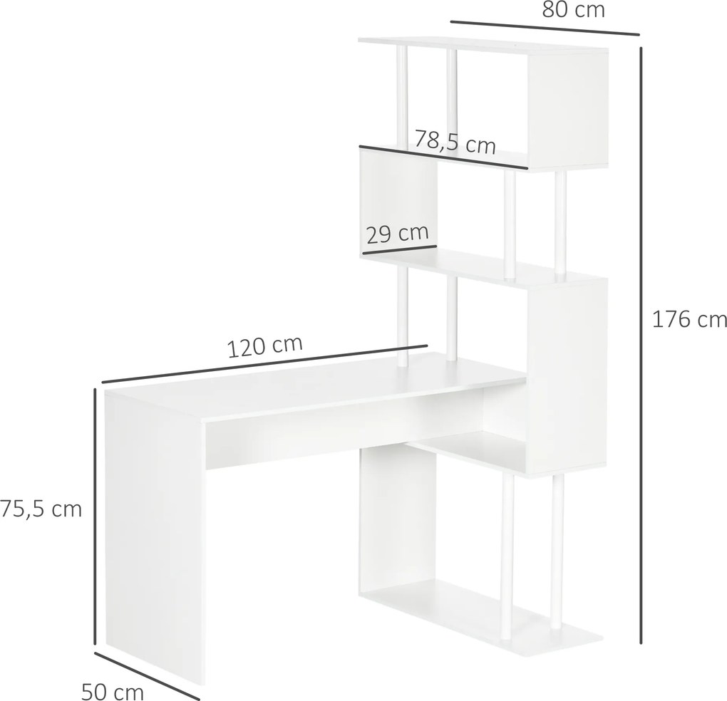 HOMCOM Rohový stůl se zásuvkami Moderní design L-tvarový počítačový stůl s dřevěnými policemi 120 x 80 x 176 cm Bílá
