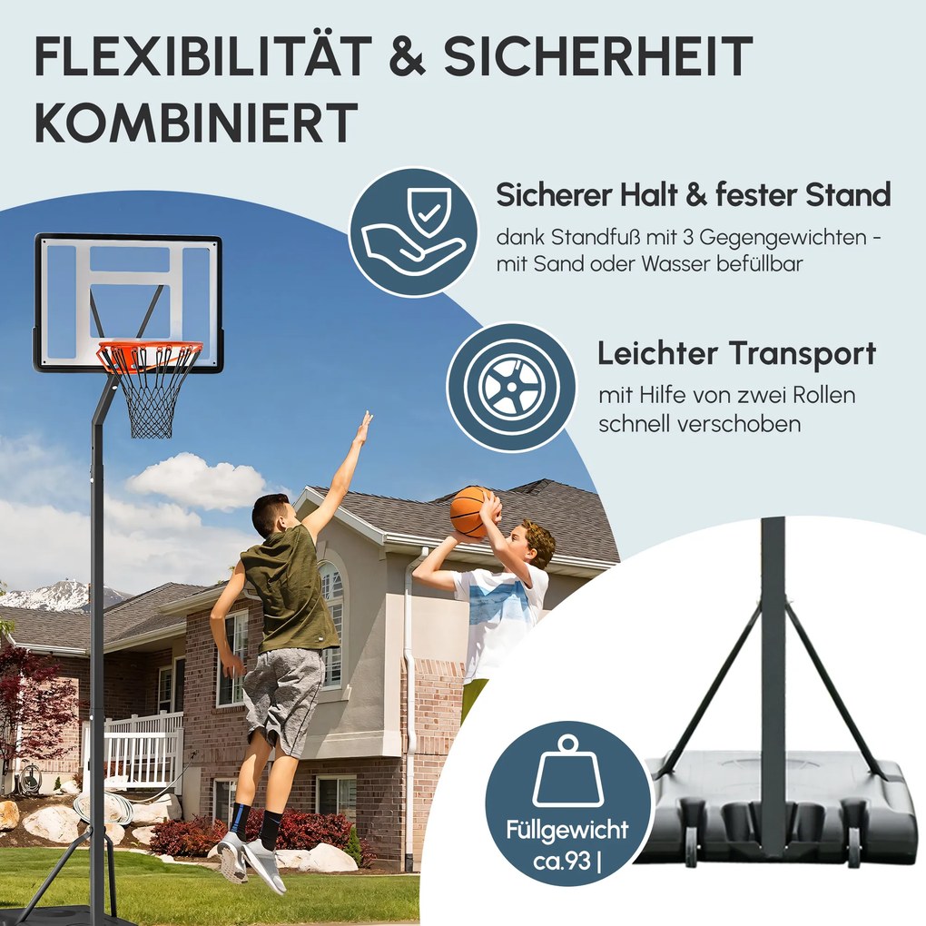 HOMCOM Mobilní basketbalový stojan Basketbalový koš výškově nastavitelný z oceli a plastu černý 90 x 165 x 302-352 cm pro zahradu a sportoviště