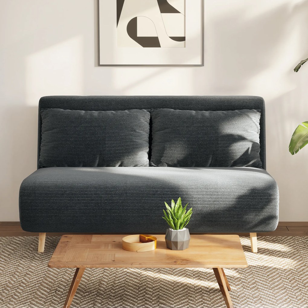 HOMCOM Rozkládací pohovka, přistýlka pro hosty, 3stupňově nastavitelná opěrka zad, kordová úprava, do 120 kg, 141 x 90 x 81 cm, tmavě šedá
