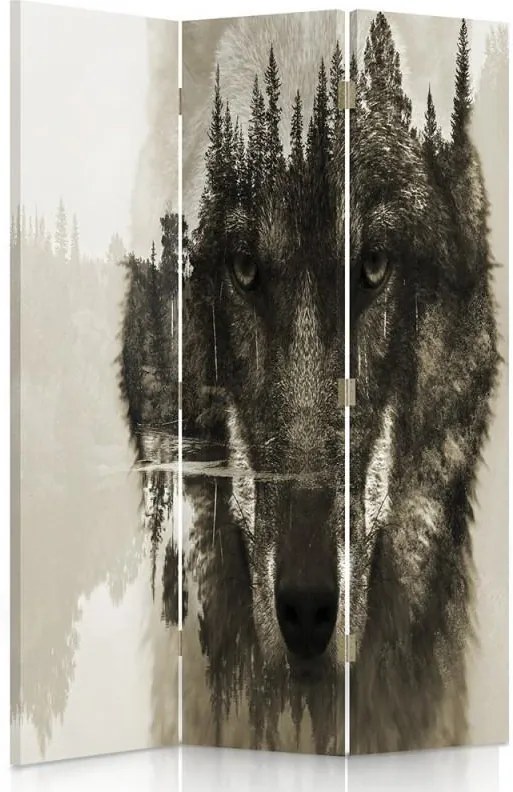 Paraván - Wolf On The Background Of The Forest - Brown | trojdílný | oboustranný 110x150 cm