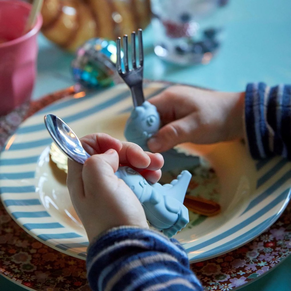 rice Dětský příbor z nerezové oceli Dino Blue, modrá barva, kov, plast