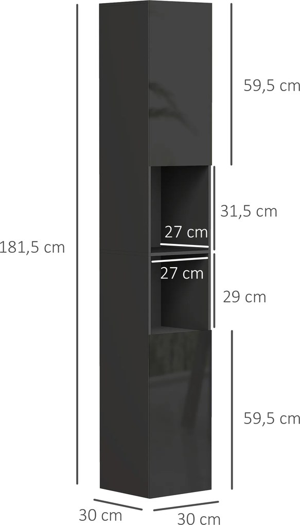 kleankin vysoká koupelnová skříňka se 2 skříňkami a nastavitelnými policemi + 2 niky 30 x 181,5 cm, černá
