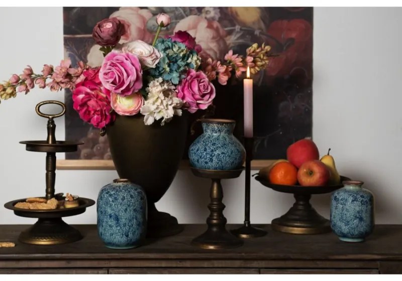 Keramická váza ve vintage stylu s modrými kvítky ok – 10x15 cm