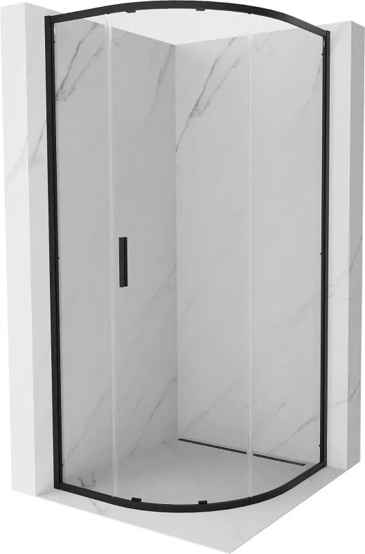 Mexen Exo, čtvrtkruhový sprchový kout s posuvnými dveřmi 100 x 100 cm, 6mm čiré sklo, černý profil, 8131-100-100-70-00