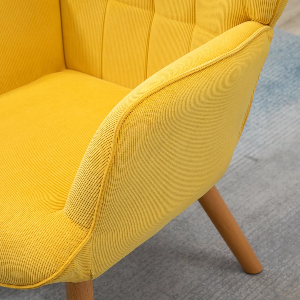 HOMCOM polohovatelné křeslo lounge wing chair s taburetem ve žluté barvě, křeslo s dřevěnými nohami, vzhled šňůry pro příjemné posezení