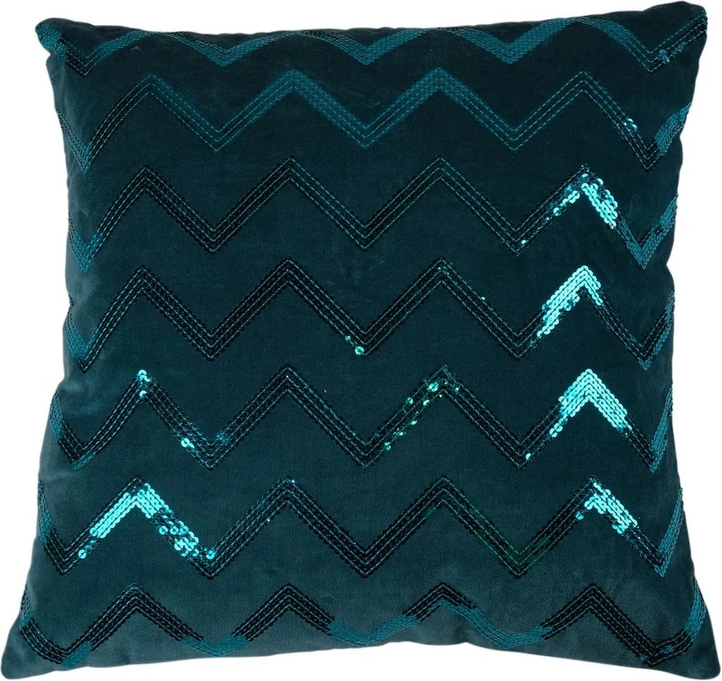 Tyrkysový sametový polštář s flitry Zigzag – 45*45 cm