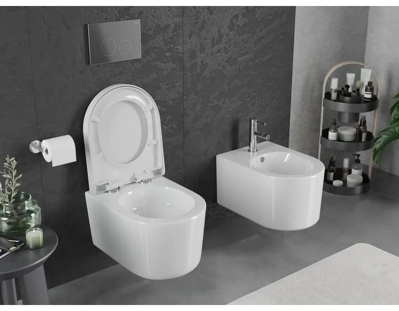 Mexen Sofia, závěsná WC mísa 490x360x355 mm, Rimless Tornádo + WC sedátko z duroplastu, bílá lesklá, 30540200T