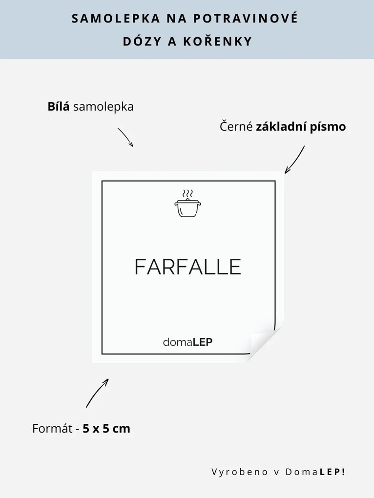 FARFALLE  – bílá samolepka na dózu, základní písmo, 5 x 5 cm | DomaLEP