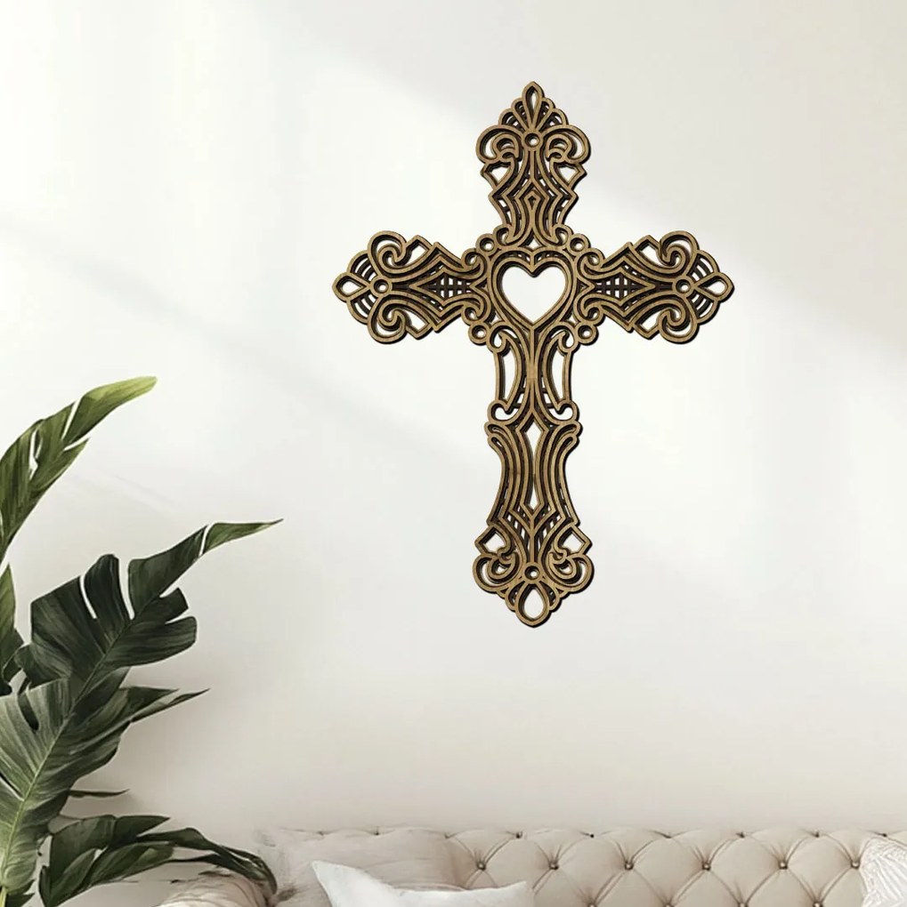 dřevo života Dřevěný vrstvený kříž srdce na zeď Zvolte rozměr (cm): 44x60, Zvolte barvu dekoru: Antracitová-Bílá