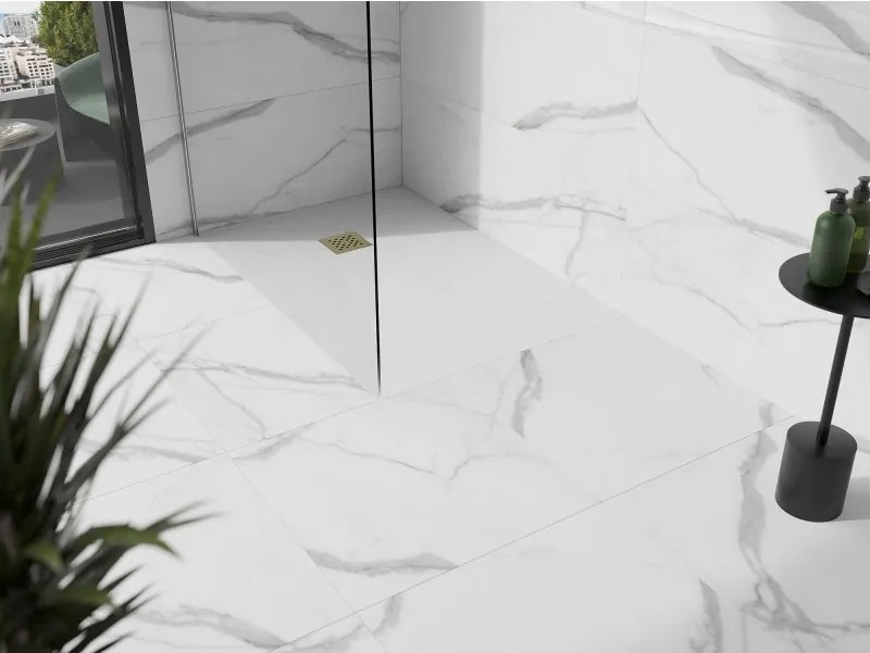 Mexen Stone+, obdélníková vanička z minerálního kompozitu 130 x 90 cm, bílá, zlatá lesklá krytka, 44109013-G
