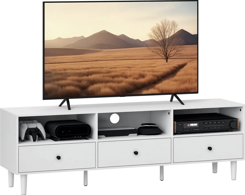 TV stolek HOMCOM s přihrádkami a šuplíky, 140 cm dlouhý TV konzole pro TV do 75 palců s úložným prostorem a organizací kabelů, bílý 140x34x45cm | Aoso