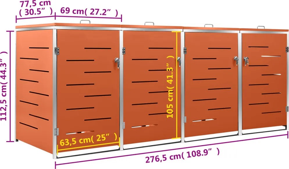 vidaXL Přístřešek na čtyři popelnice 276,5x77,5x112,5 cm nerezová ocel [149565] Barva: Šedá