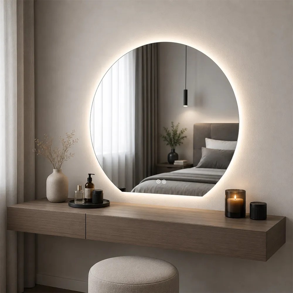 Mereo, Mereo Zrcadlo kulaté s rovnou hranou 800x740 mm, ambientní LED osvětlení a odmlžování, MER-CN185