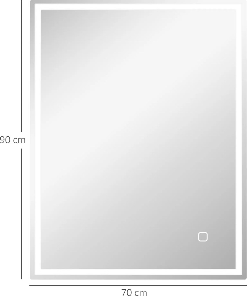 HOMCOM Koupelnové zrcadlo s osvětlením 90x70 cm LED zrcadlo Nástěnné zrcadlo s paměťovou funkcí 3 barvy světla Stříbrná