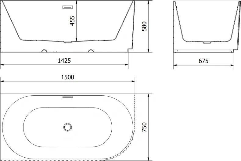 Mexen Gia, volně stojící rohová vana, drážkovaná, levá, 150 x 75 cm, bílá matná, černá matná, 52701507501L-70