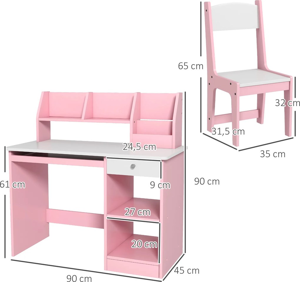 ZONEKIZ dětský psací stůl s ergonomickou židlí s vysouvací odkládací plochou pro klávesnici, zásuvkou, přihrádkami a otevřenými poličkami 90 x 45 x 9…