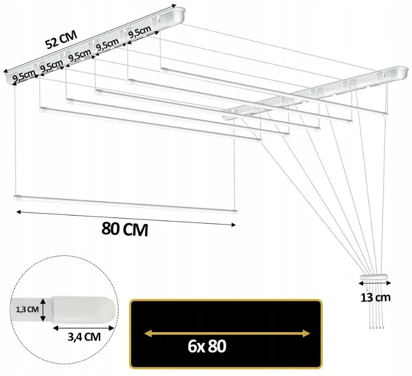 Erga Erga, stropní věšák na sušení prádla 6x80 cm, bílé, ERG-SEP-10SUSSUF6PP08