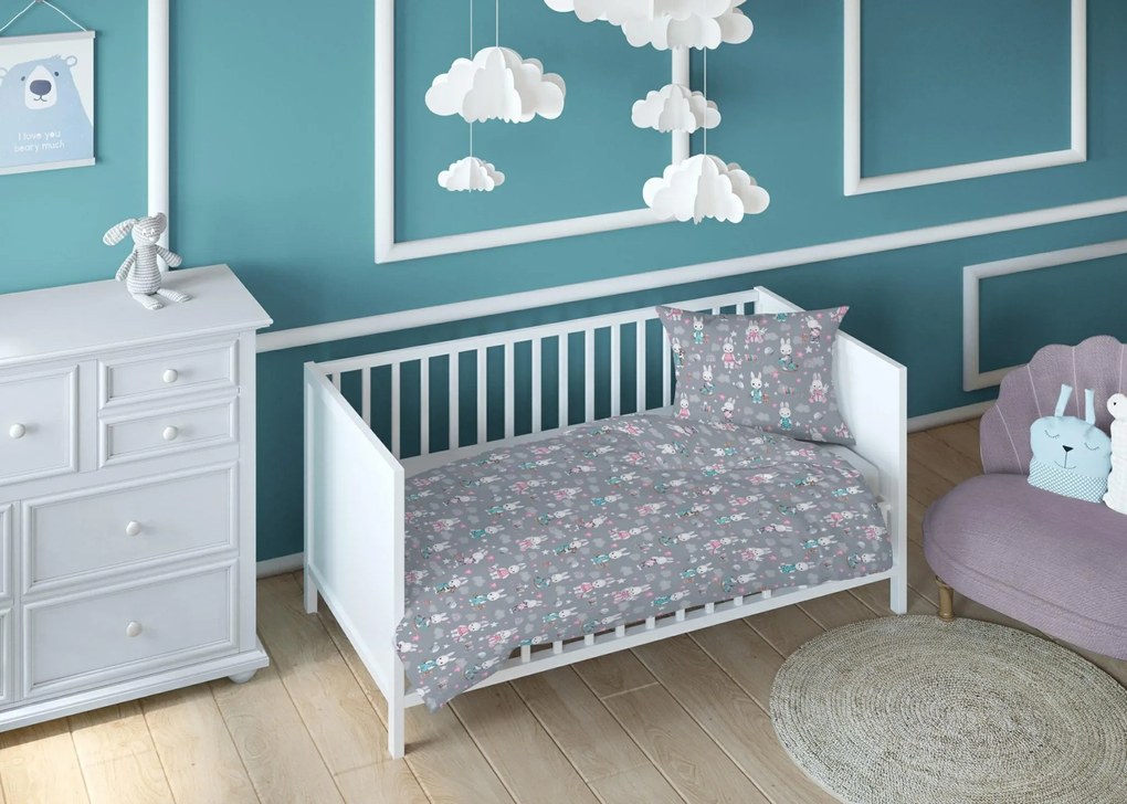 Bavlněné povlečení 160x200 králíčci šedorůžové dětské na zip 3717 D KARO Dreamland