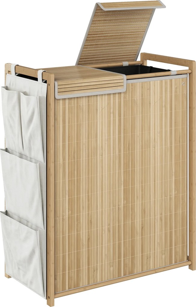 HOMCOM 120 l bambusový koš na prádlo s víkem, 2 přihrádky, snímatelné vaky se šňůrkou, boční kapsy, 63 × 33 × 78 cm, přírodní