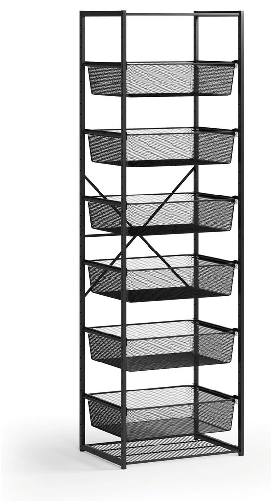 Otevřený košový regál, 6x koš s jemným sítem, TYP V, 600 x 460 x 2020 mm, černá
