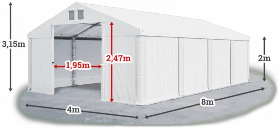 Garážový stan 4x8x2m střecha PVC 560g/m2 boky PVC 500g/m2 konstrukce ZIMA Šedá Zelená Červené