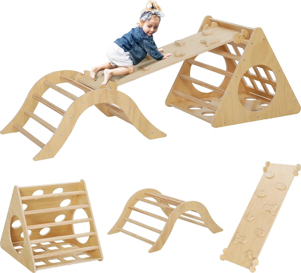 AIYAPLAY 8-in-1 Přírodní Dřevěný Lezecký Trojúhelník pro Děti ve Věku 18-48 Měsíců s Lezeckou Arkádou a Písečnými Sáčky 175x59,5 cm | Aosom
