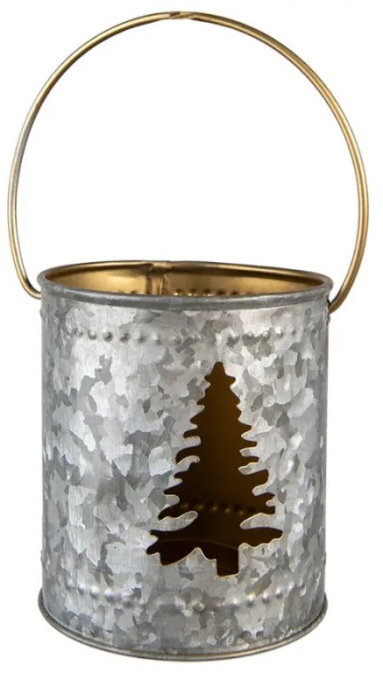 Šedý  plechový svícen na čajovou svíčku se stromkem a držadlem – 9x10 cm