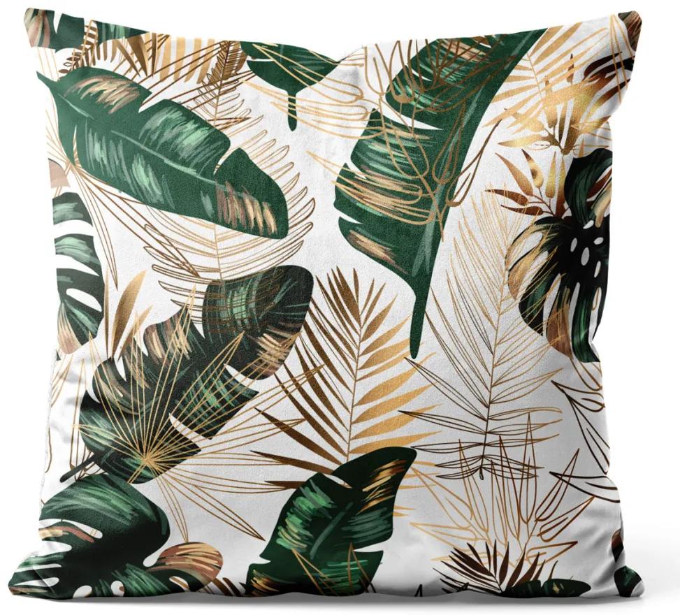 Dekorační velurový polštář Elegance listů - kompozice v odstínech zelené a zlaté barvy