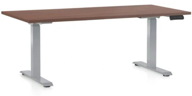 Výškově nastavitelný stůl OfficeTech D, 160 x 80 cm, šedá podnož, ořech