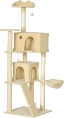 PawHut škrabadlo pro kočky 180 cm s platformami, postelí, 2 jeskyněmi, houpací sítí, žebříkem, sisalovými sloupy, béžová