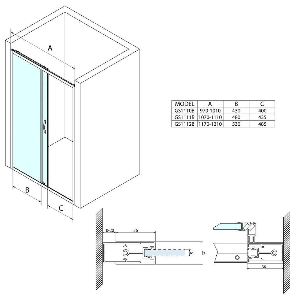 GELCO s.r.o. Sprchové dveře posuvné 110 GELCO SIGMA SIMPLY BLACK, sklo ČIRÉ, 1100 mm GS1111B
