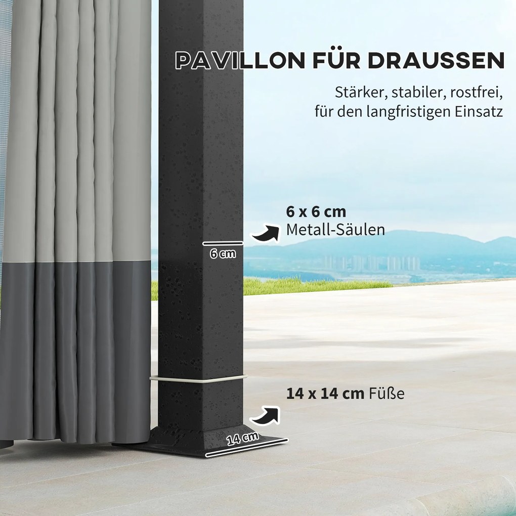 Gartenpavillon, 3,3 x 4 m Gartenzelt mit Netz-Vorhängen, zweistufiges Dach, Kunstleder-Bezug, Metallrahmen, Hellgrau