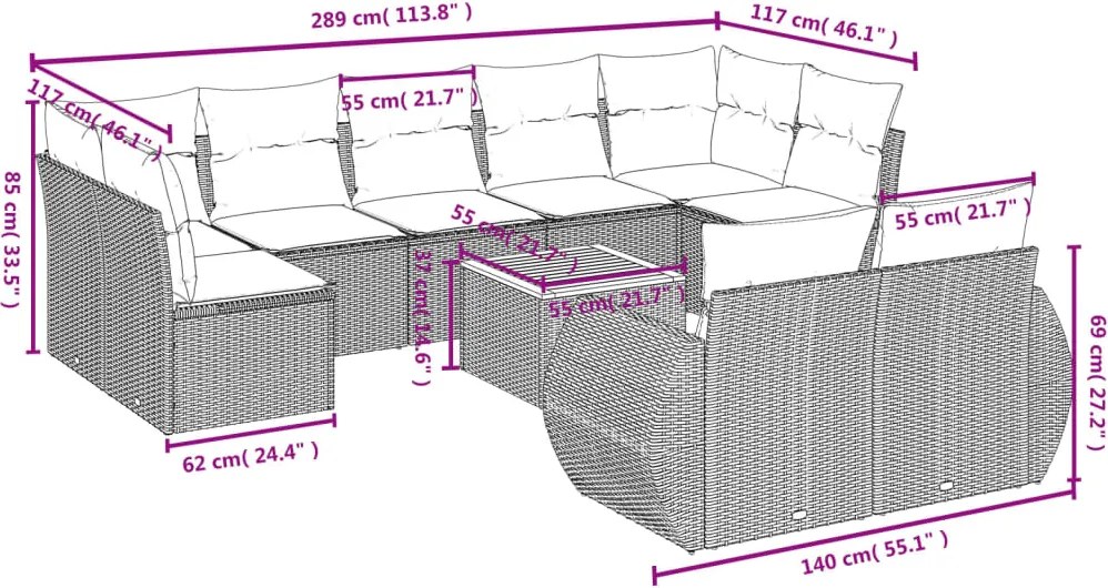 10dílná zahradní sedací souprava s poduškami šedá polyratan 3257488