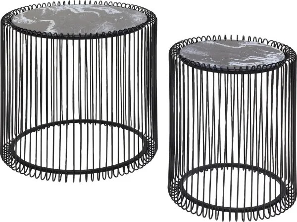 Odkládací stolek Wire Marble Glass černý O 44 cm - set 2 ks