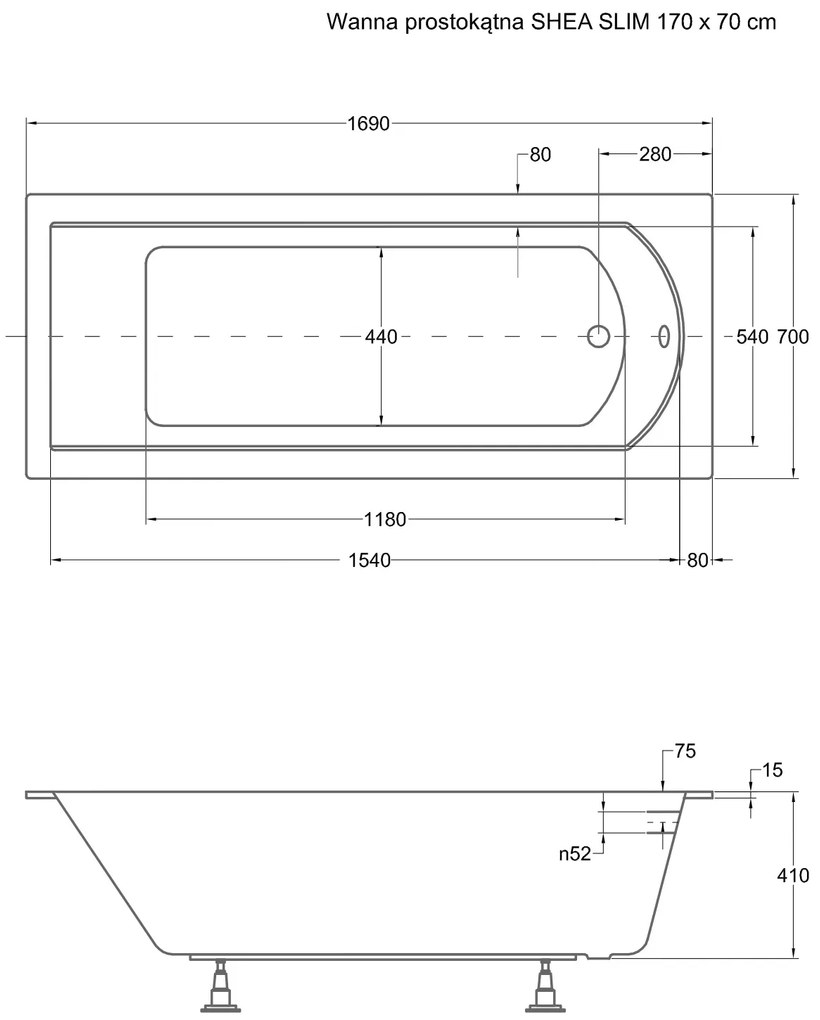 BESCO Obdélníková vana SHEA SLIM Nožičky k vaně - S nožičkami, Rozměr vany - 170 × 70 cm - VANSHEA170SLIM+OLVPINOZ