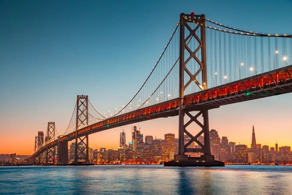 Fototapeta San Francisco Skyline With Oakland Bay Bridge At Sunset, California, Usa Vliesová tapeta 254x184
